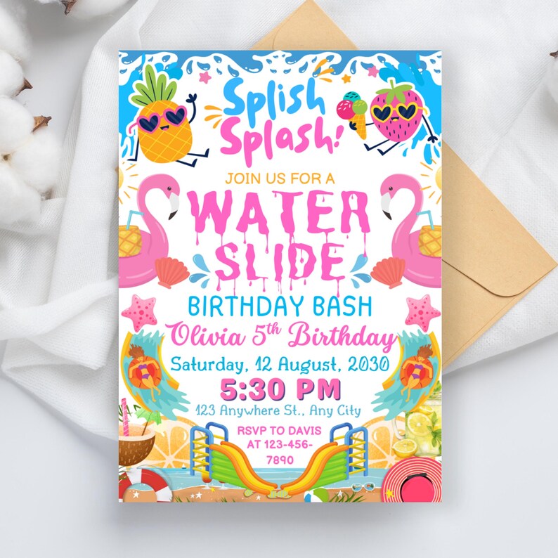 Editable Waterslide Birthday Invitation, Summer Pool Party, Splash ...