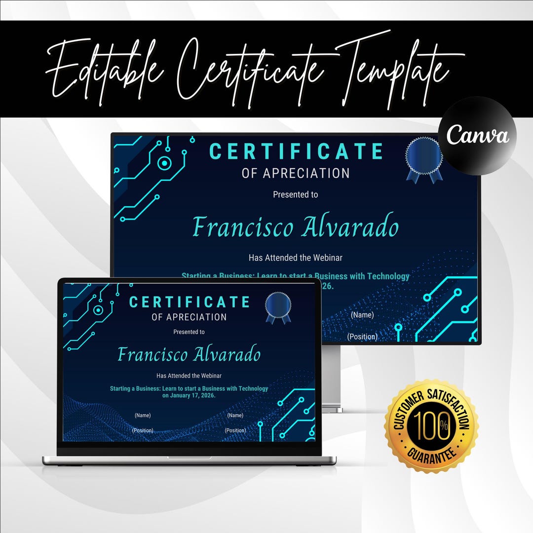 Editable Tech Certificate Template | Modern Blue Black Canva Design ...