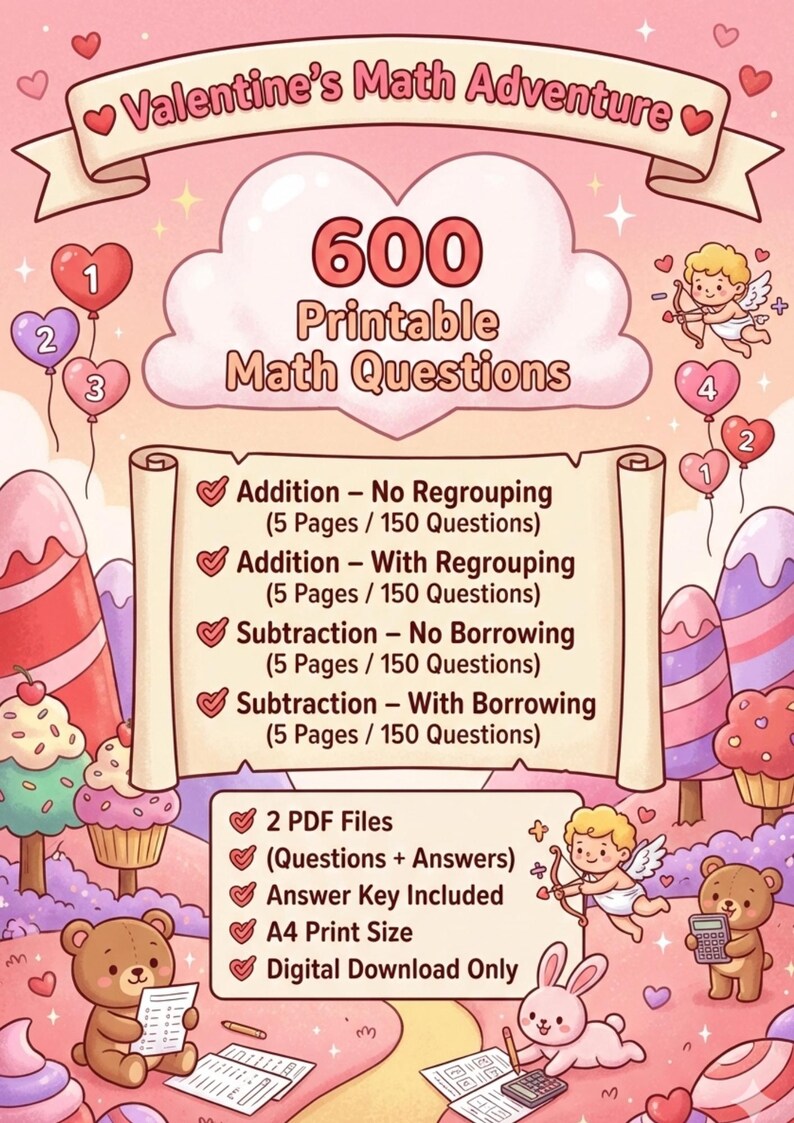 Valentine’s Math Worksheets Printable – 600 Addition & Subtraction ...