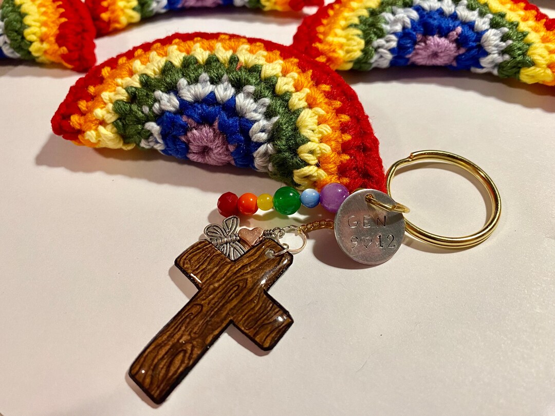 Rainbow Crochet Keychain. Scripture Genesis 9:12. Cross and Beaded ...