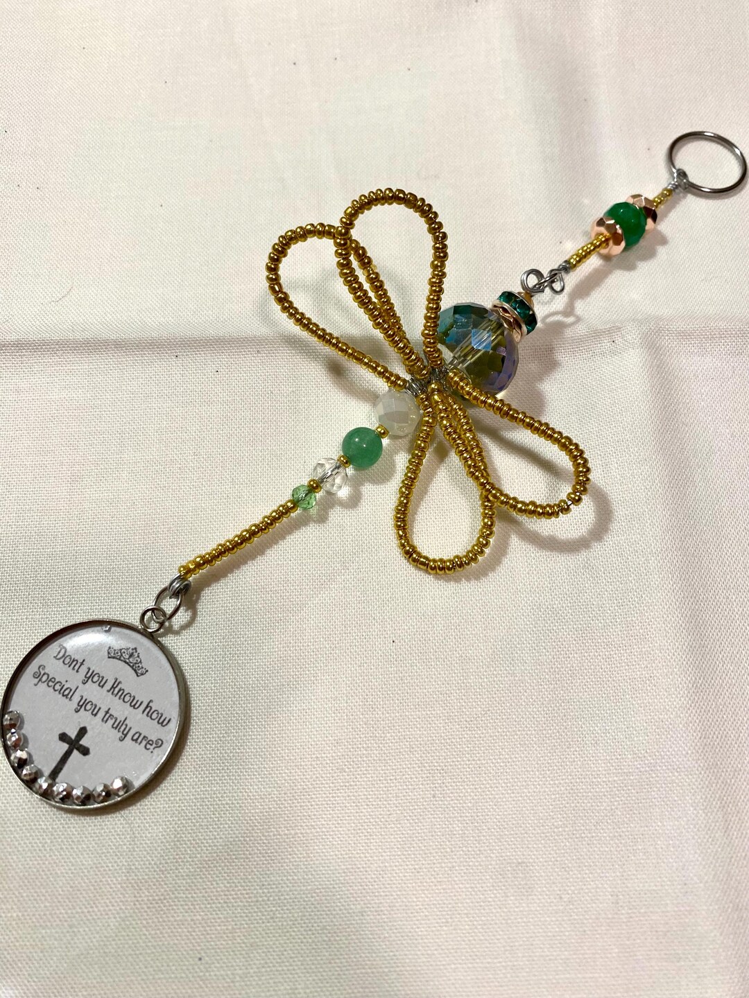 Beaded Dragonfly Ornament or Keychain, Emerald Jade Crystals ...