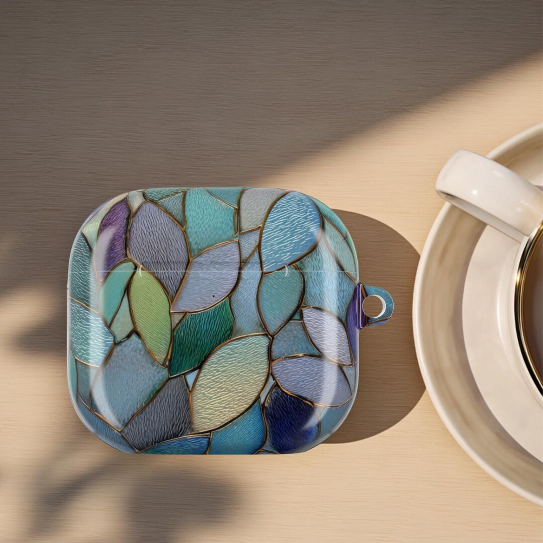 Stained Glass Leaf Airpods Case, Blue & Green Mosaic Earbud Cover ...