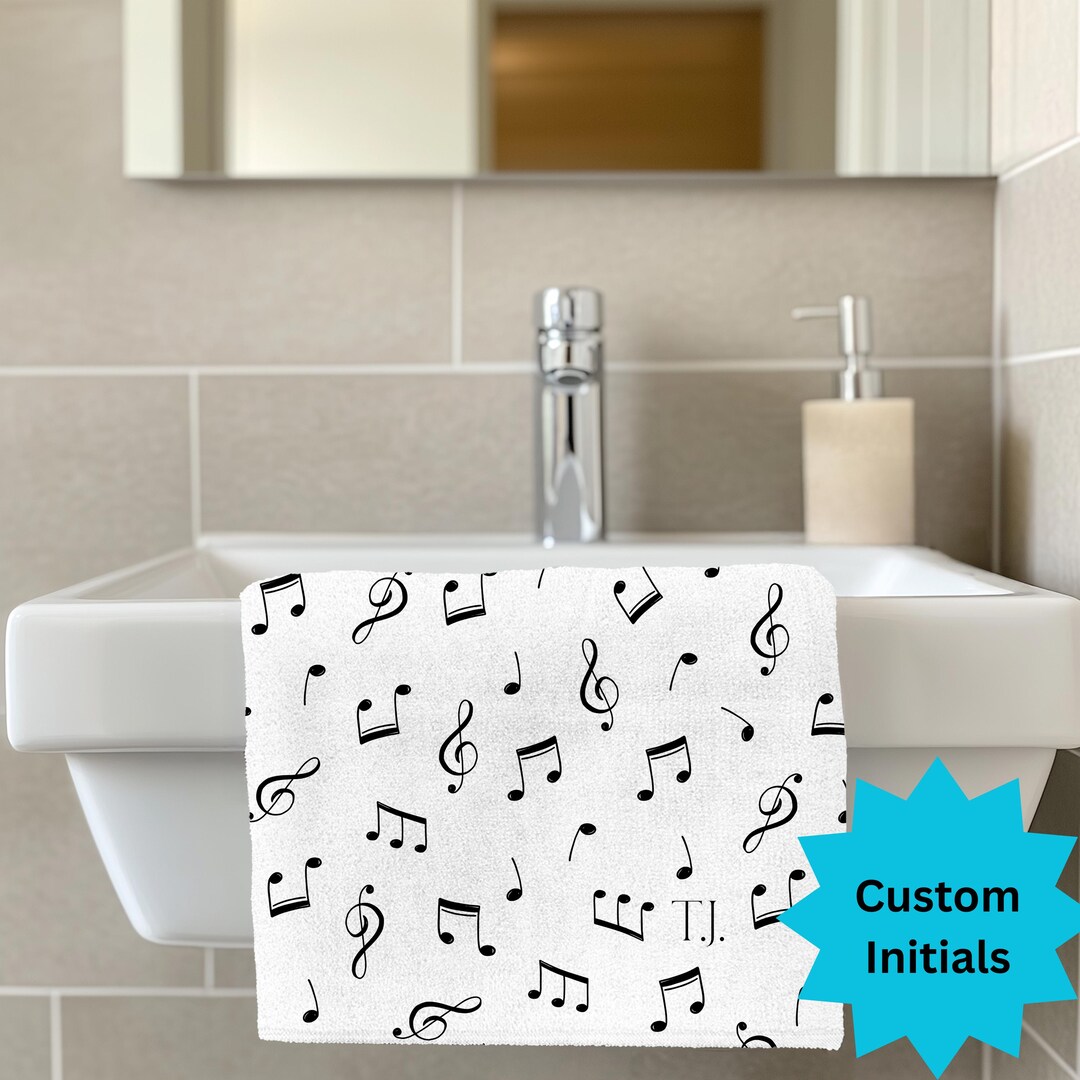 Hidden Custom Initials Music Notes Bath Hand Towel, Bathroom Decor ...