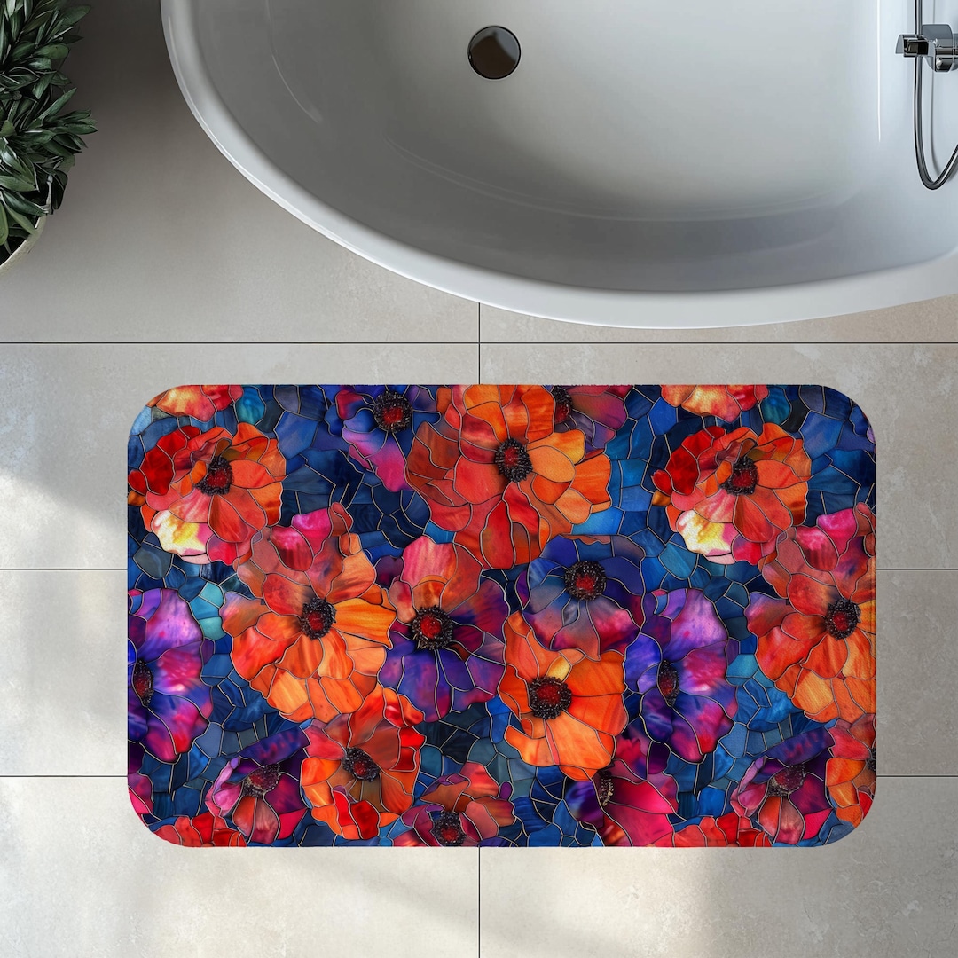 Stained Glass Floral Design Bath Mat Decor, Rug Memory Foam, Soft Non ...