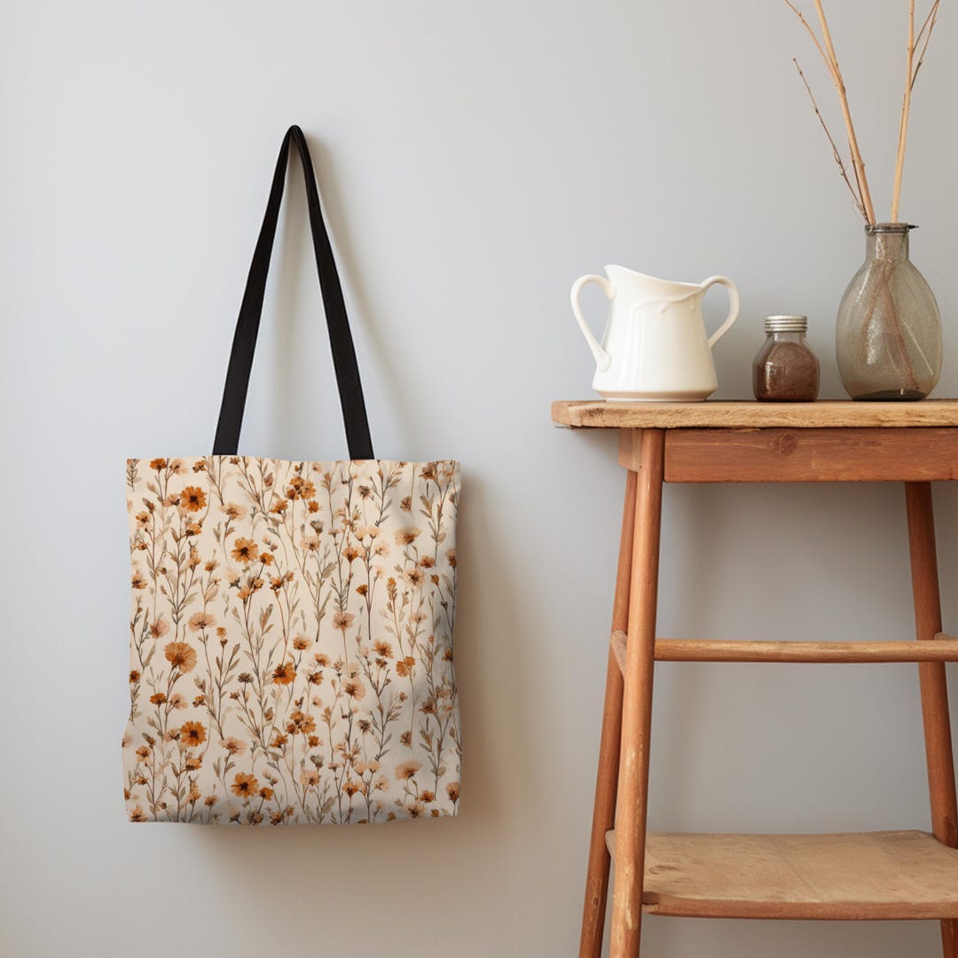 Wildflower AOP Tote Bag, Beige Floral Boho Reusable Tote, Cottagecore ...