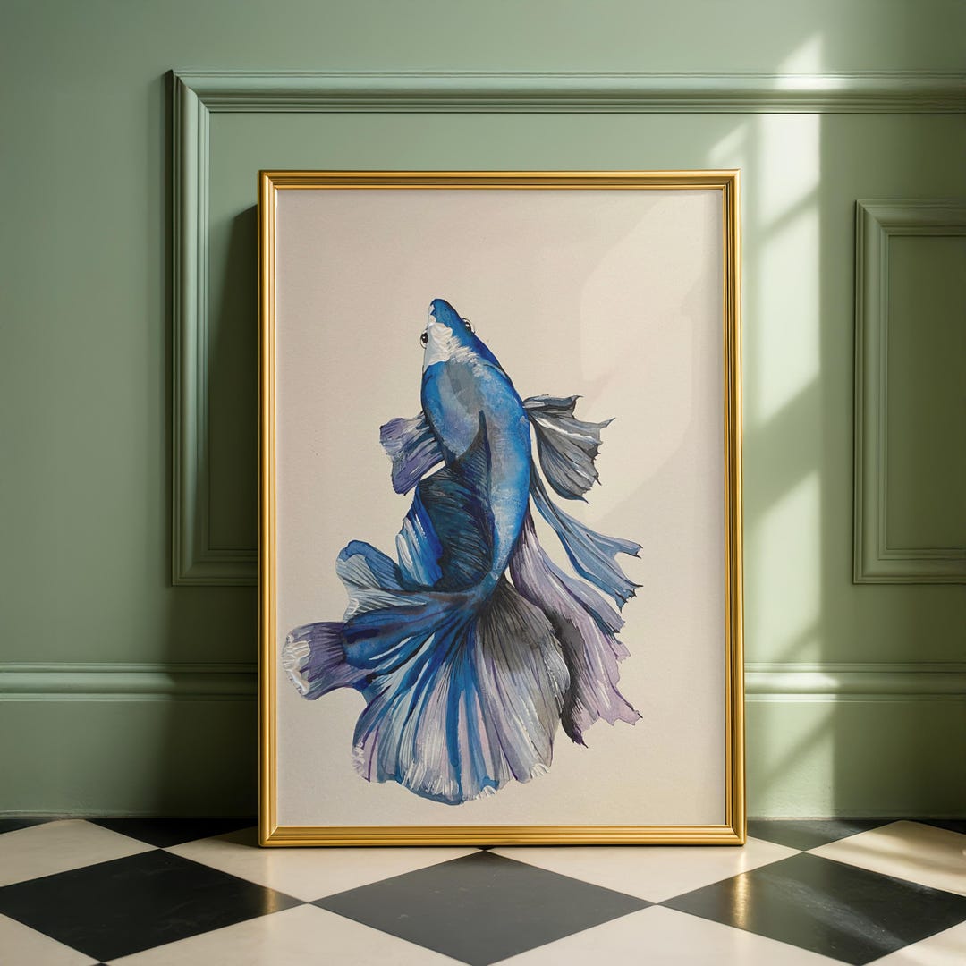 Blue Betta Fish Wall Art, Elegant Coastal Wall Art, Serene Aquatic ...