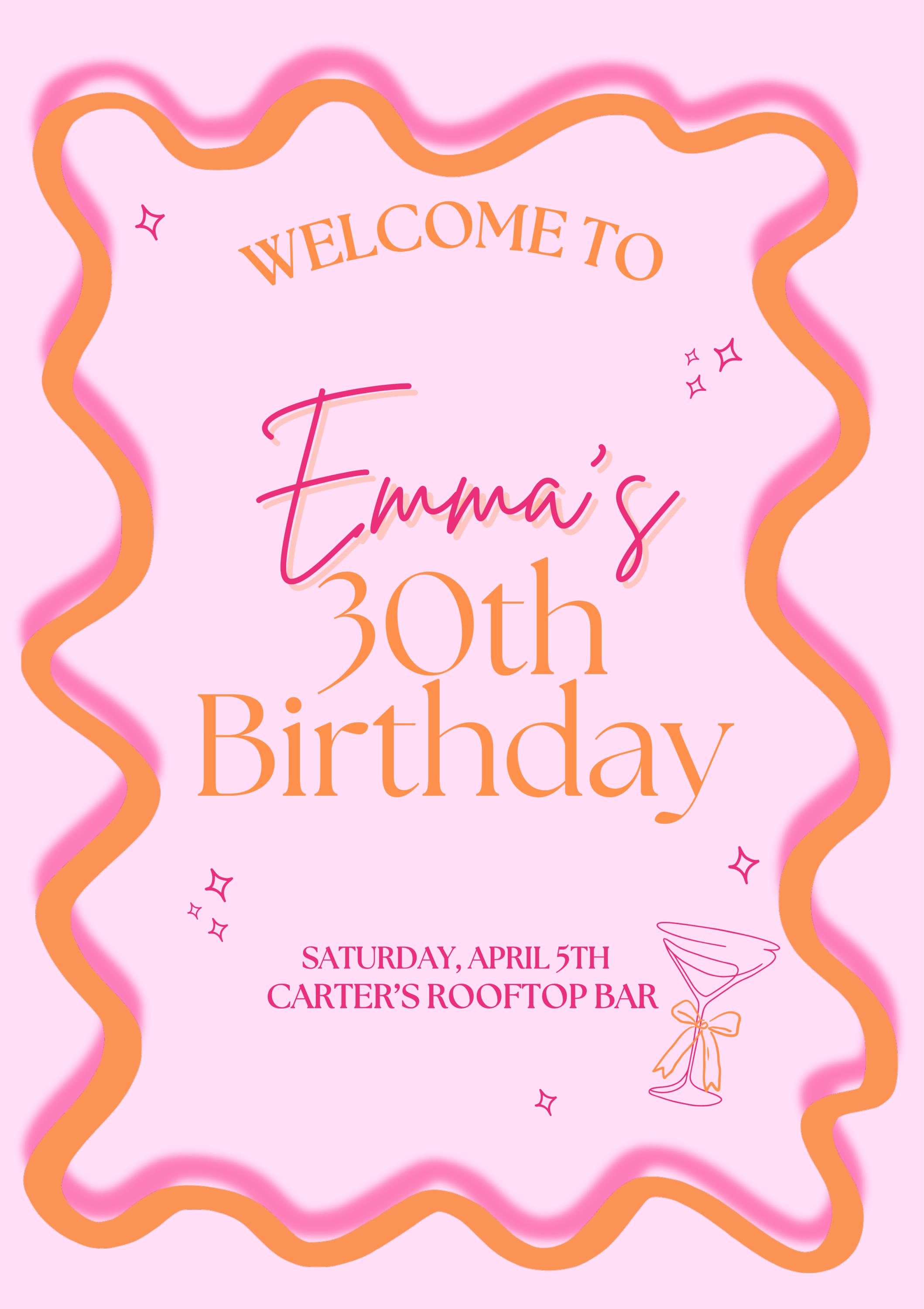 Retro Pink & Orange 30th Birthday Welcome Sign, Customizable A1 ...