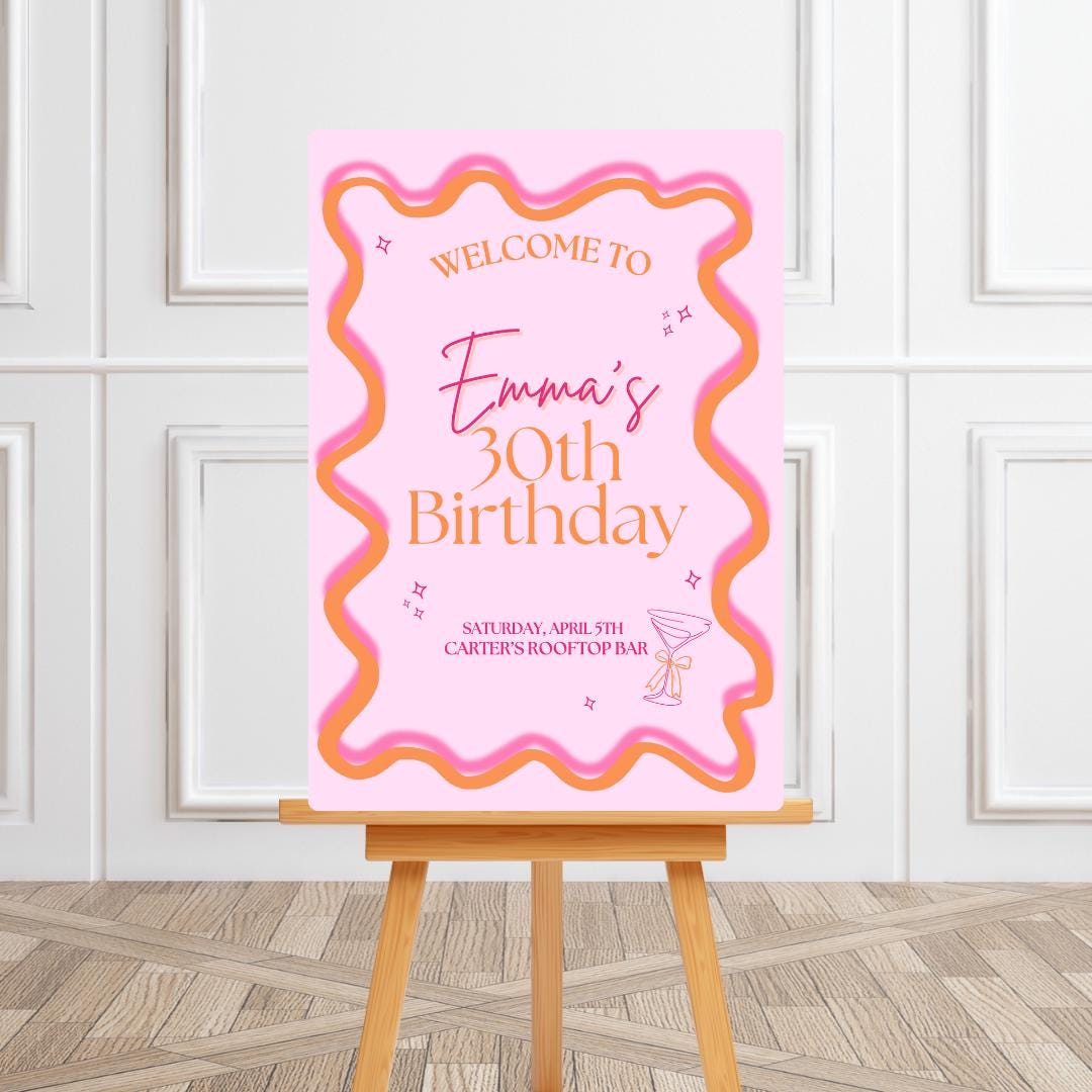 Retro Pink & Orange 30th Birthday Welcome Sign, Customizable A1 ...