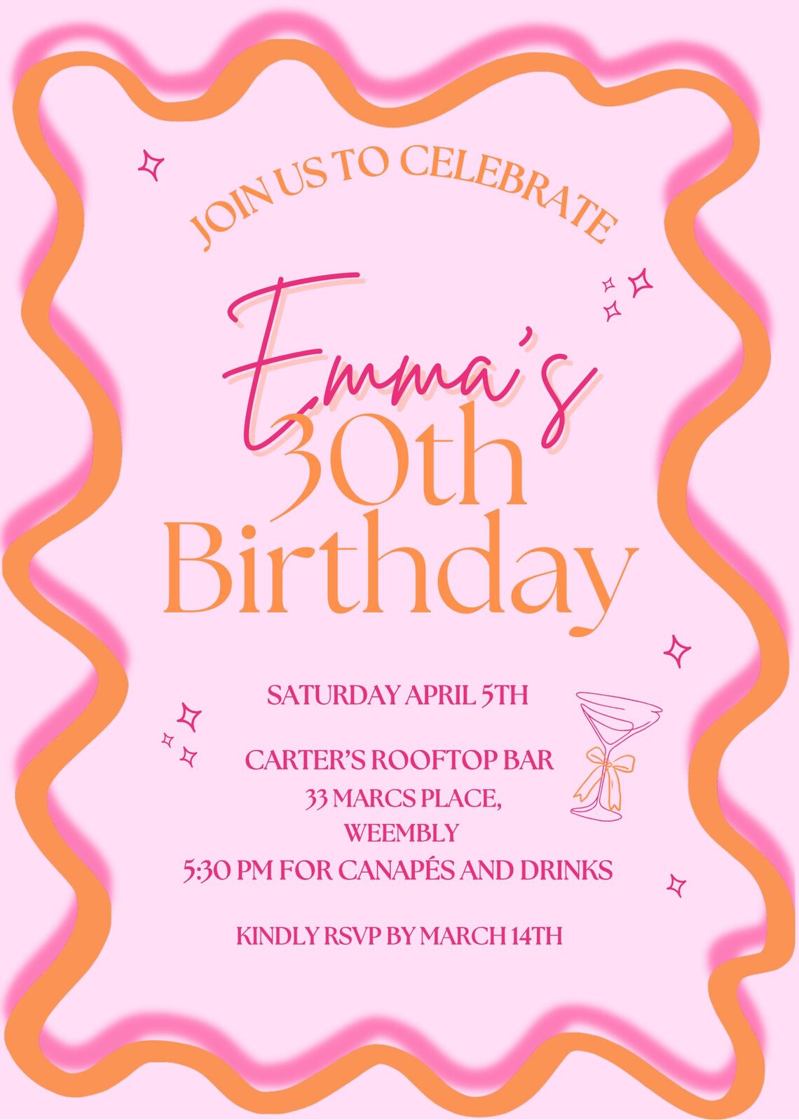 Pink and Orange 30th Birthday Invitation: Wavy Canva Template (digital ...
