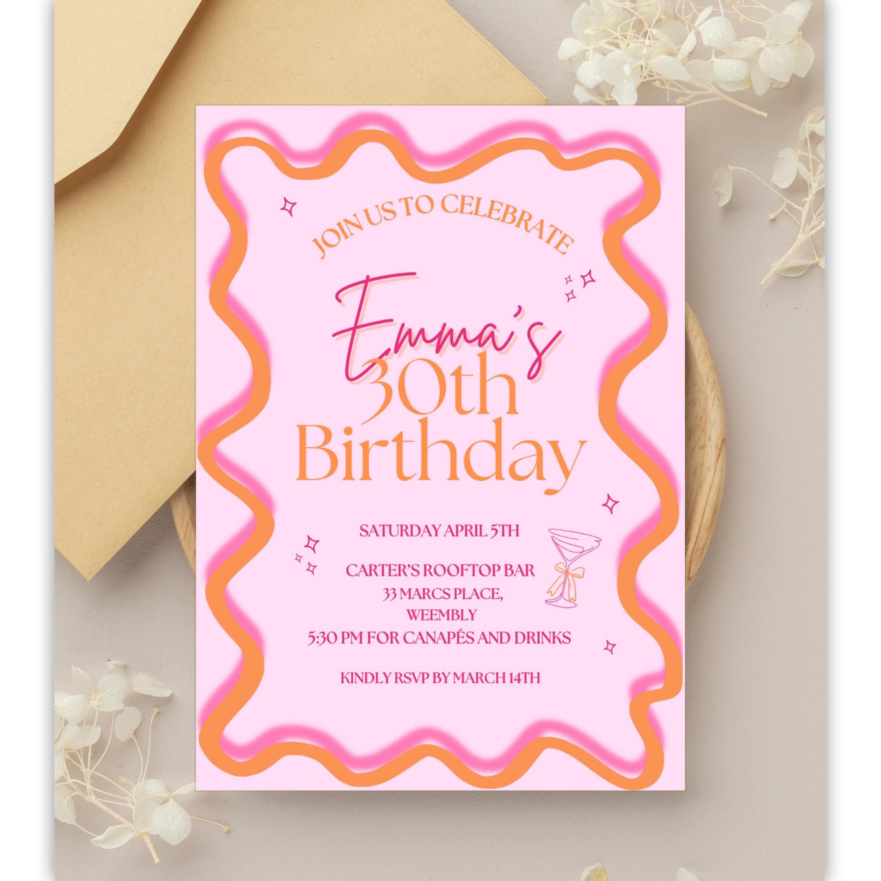 Pink and Orange 30th Birthday Invitation: Wavy Canva Template (digital ...