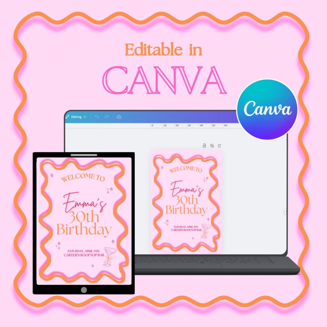 Pink and Orange 30th Birthday Invitation: Wavy Canva Template (digital ...