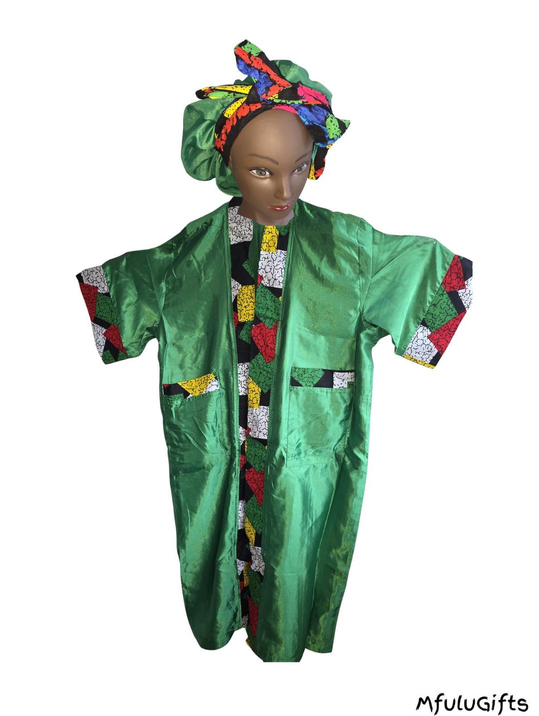 Luminous Green Satin Robe With African Print Bonnet & Personalized Card ...