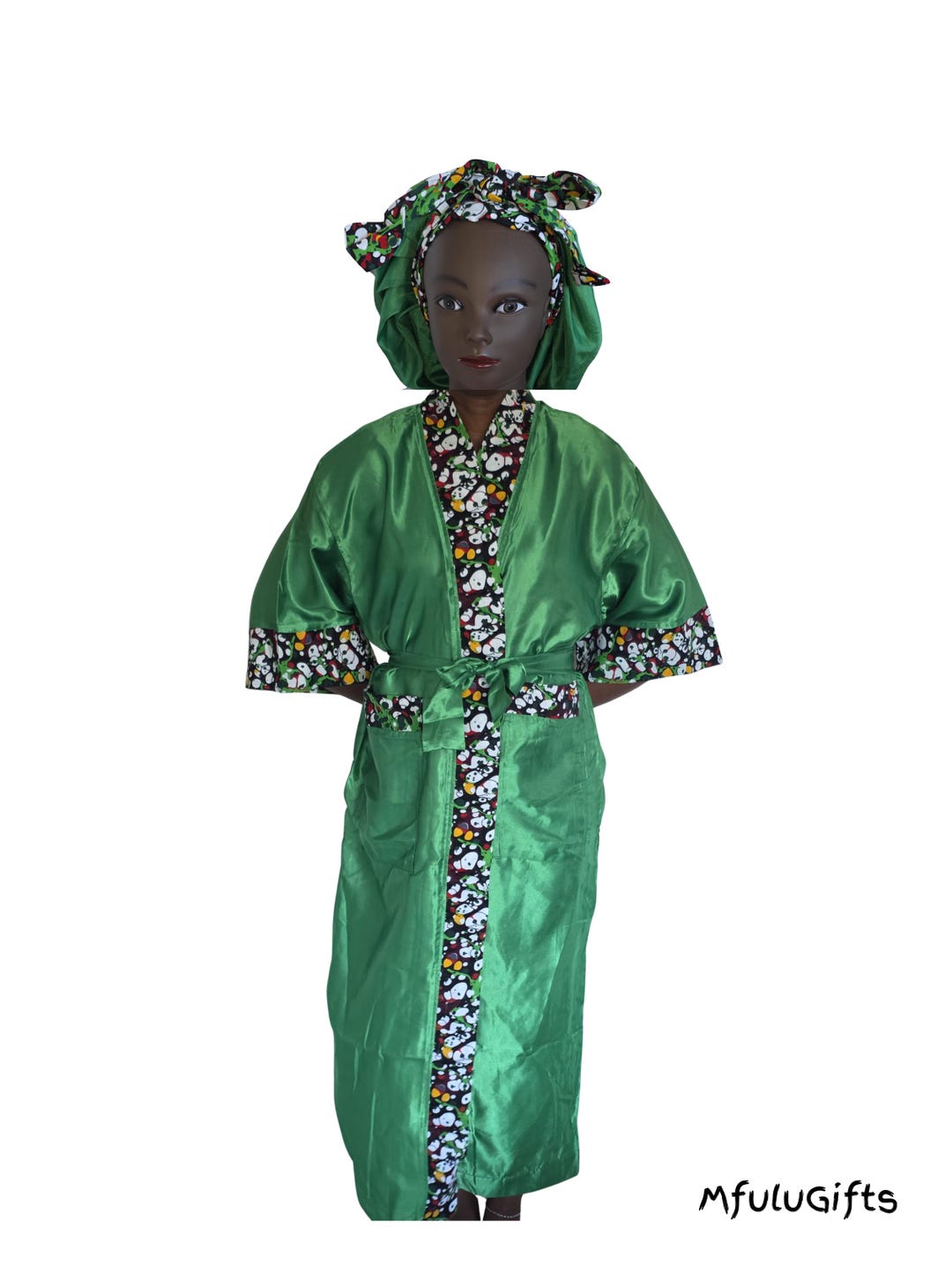 Electric Green Satin Robe With African Print Bonnet & Personalized Card ...