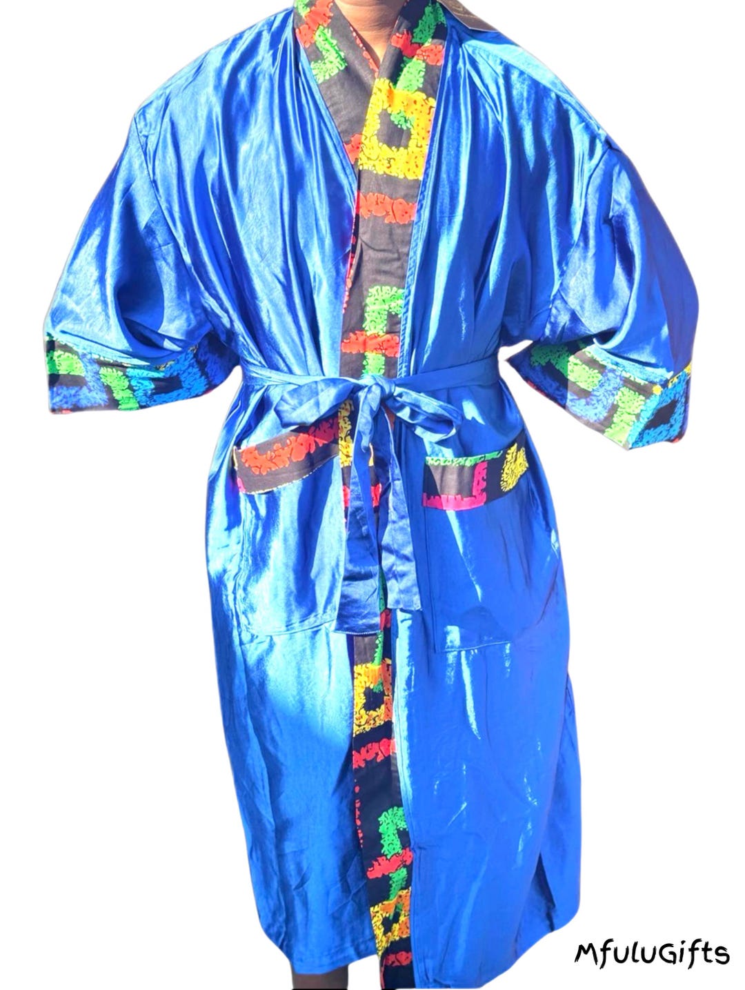 Electric Blue Satin Robe: African Print Accents, Bridal, and ...