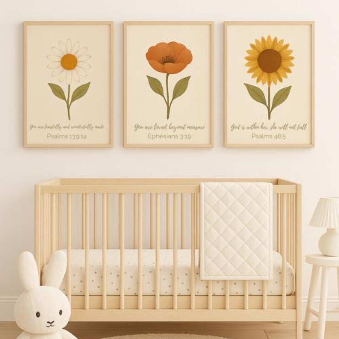 Set of 3 Boho Floral Bible Verse Prints | Neutral Nursery Wall Art ...