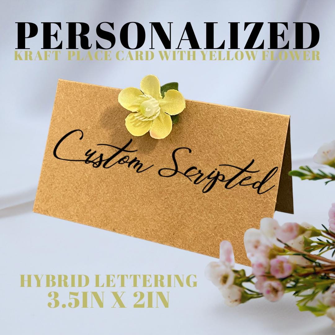 Custom Place Cards Kraft With Yellow Flower | Hybrid Lettering | Tent ...