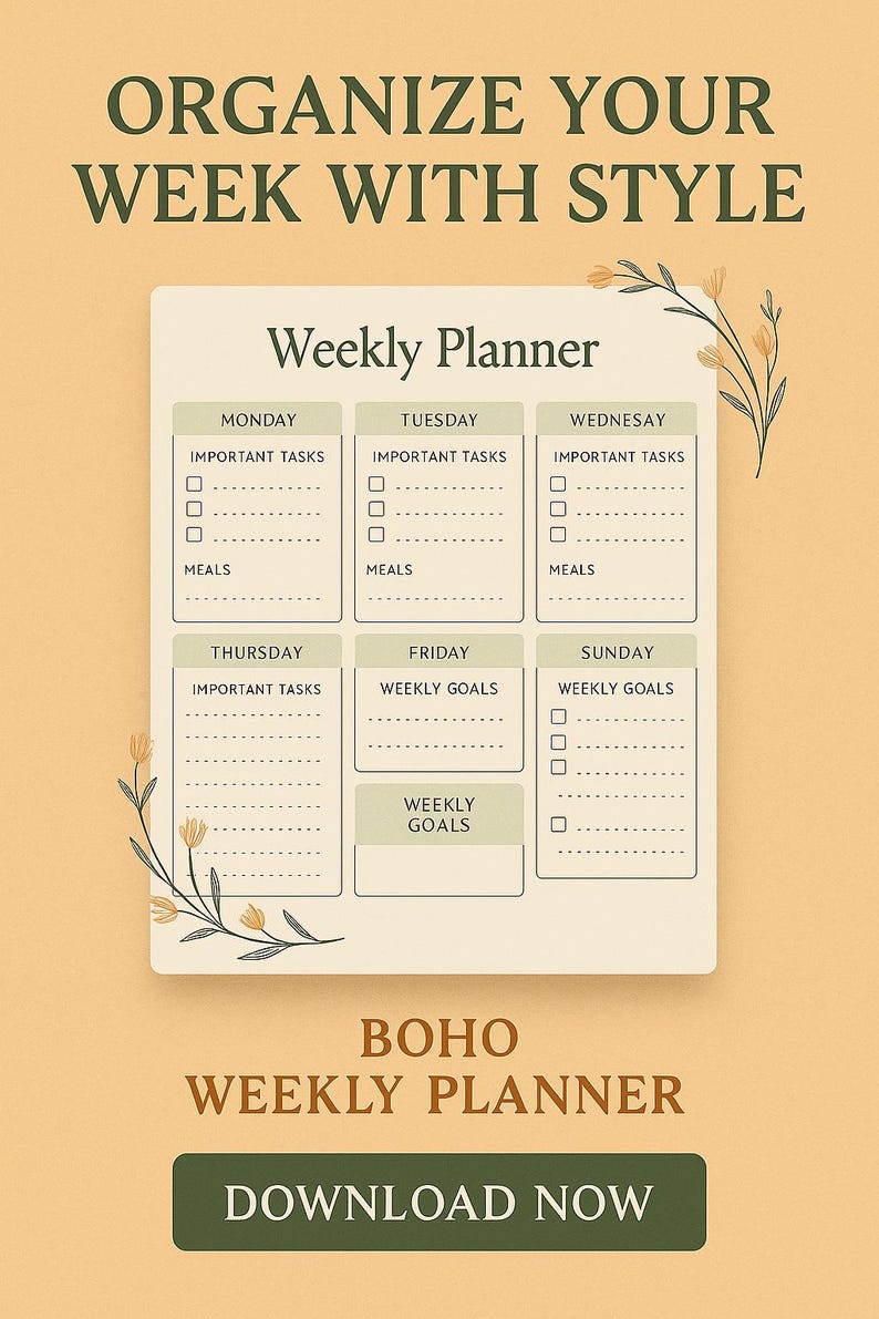 Boho Weekly Planner Printable, Digital A4 PDF Download, Goodnotes and ...