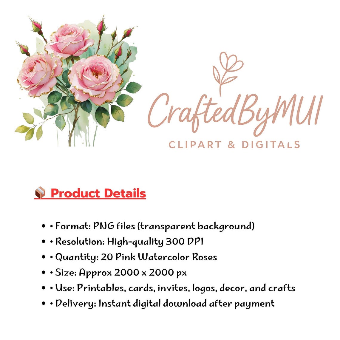 Blush Pink Rose Clipart Set Instant Download Watercolor Flower Bouquet ...