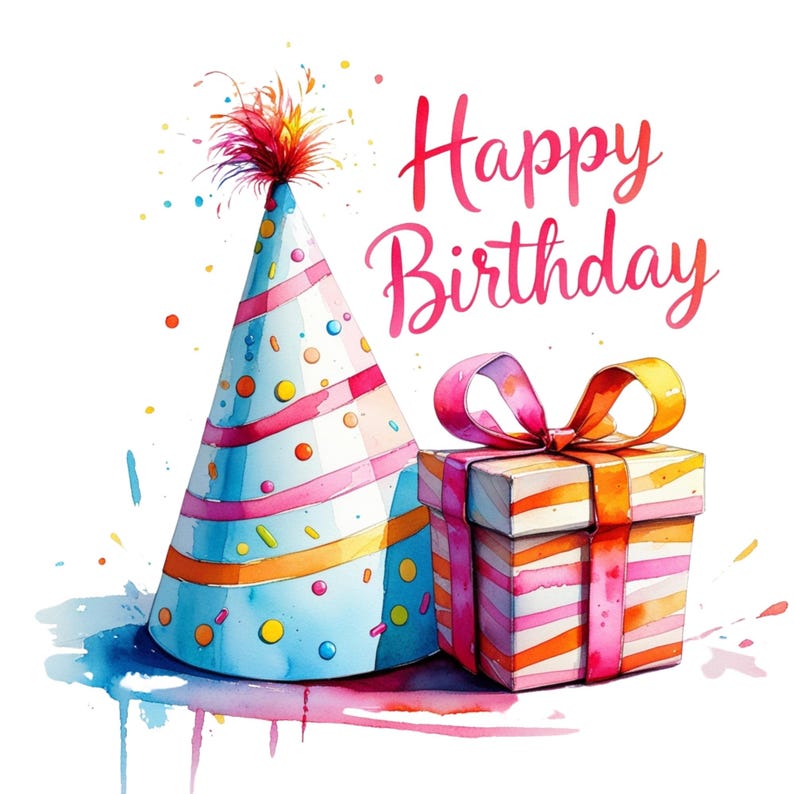 Watercolor Birthday Clipart Bundle With Cake Balloons Gifts Ice Cream ...