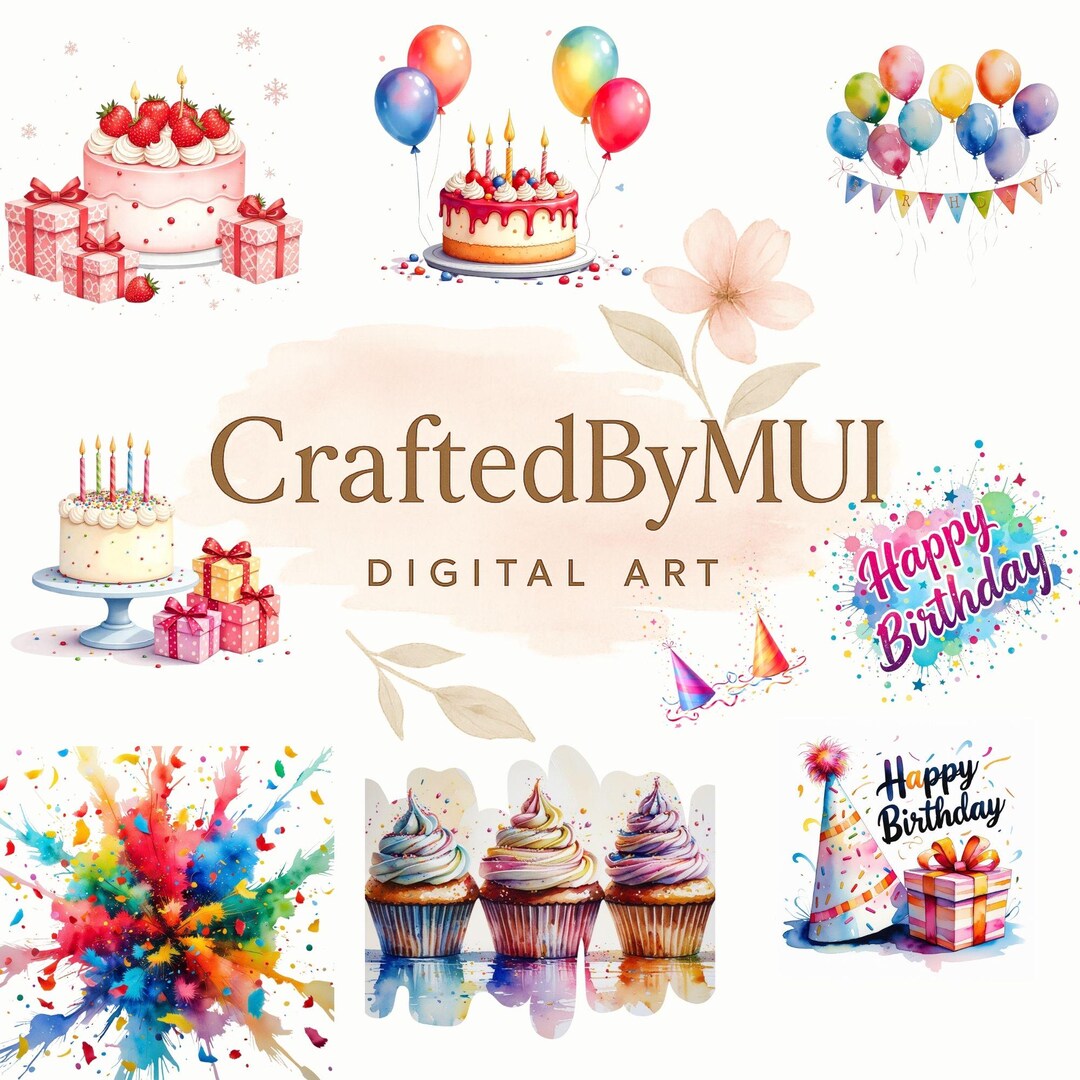 Watercolor Birthday Party Clipart Bundle Instant Download With Balloons ...