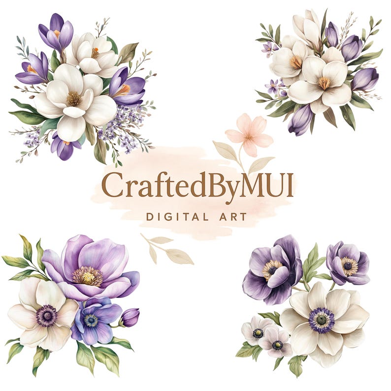 Purple Watercolor Floral Clipart Bundle With Blush Flowers for Digital ...