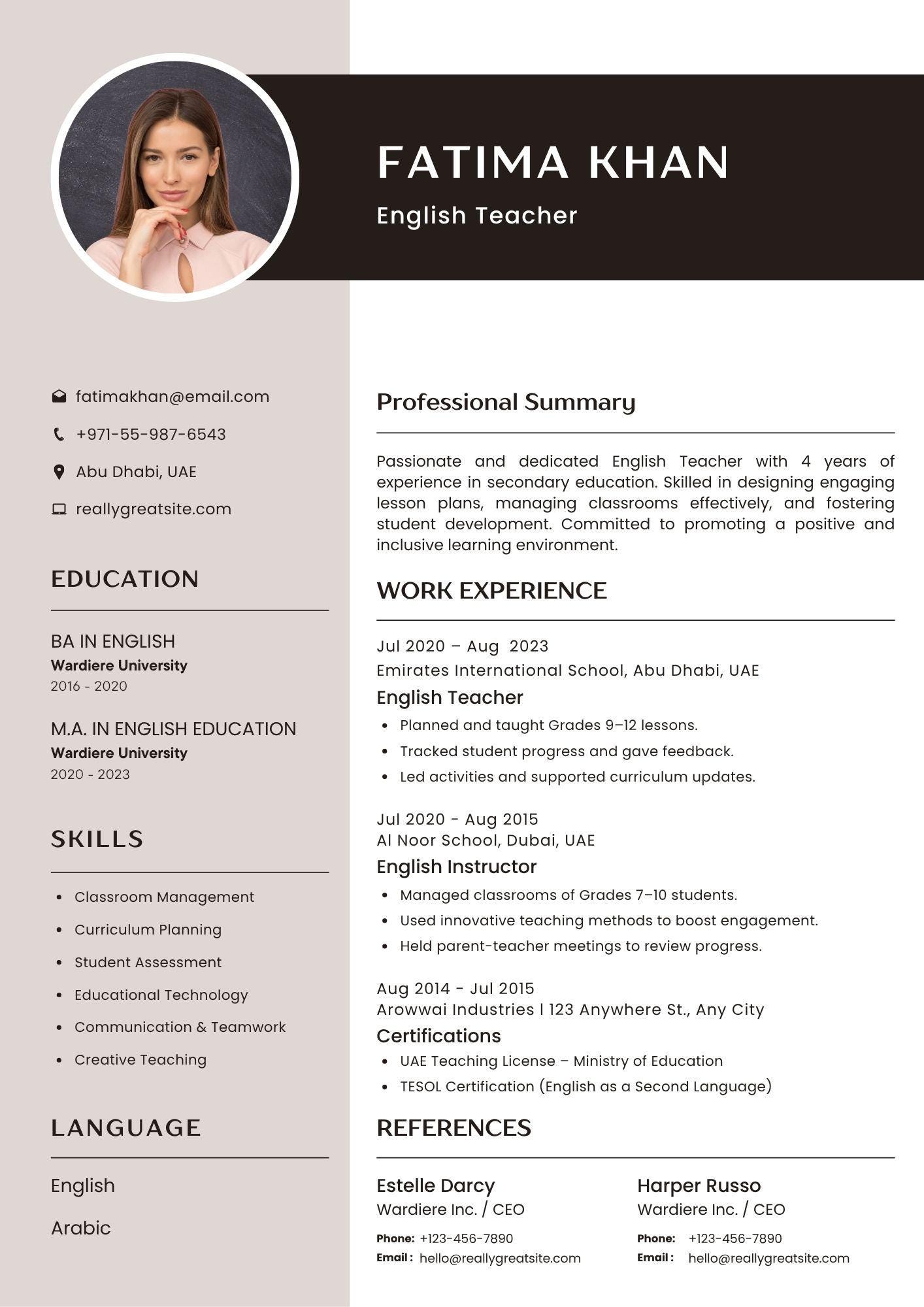 UAE English Teacher CV Template | Gulf Teaching Jobs Resume & Cover ...