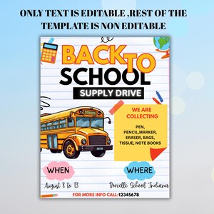 Editable School Supply Drive Flyer Canva Template, Back to School Drive ...