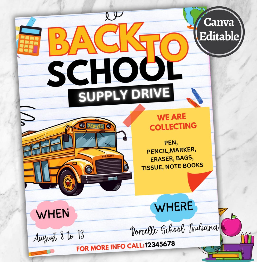 Editable School Supply Drive Flyer Canva Template, Back to School Drive ...