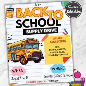 Editable School Supply Drive Flyer Canva Template, Back to School Drive ...