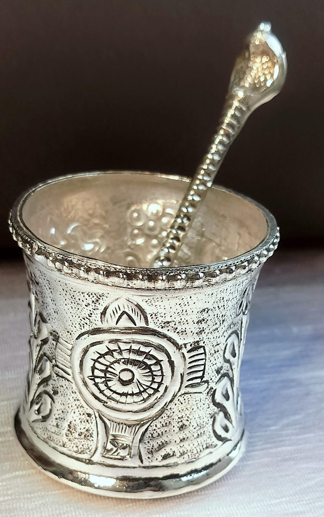 German Silver Antique Panchapatra With Aachmani Set/glass With Spoon ...