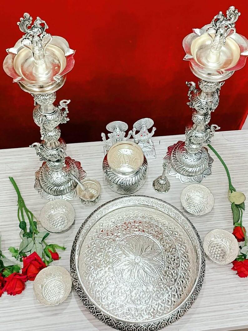 German Silver Pooja Set Combo With Big Size 25 Inch Deepa Pair - Etsy