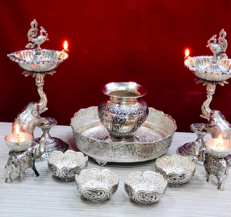 German Silver Pooja Set Combo With Big Size 25 Inch Deepa Pair - Etsy