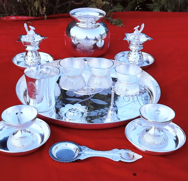 German Silver Pooja Thali Set: Lakshmi, Kalsam & Bowls - Etsy
