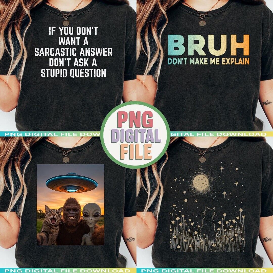 Quirky Cat Meme PNG Bundle, Sarcastic Answer, Floral Black Cat Moon ...