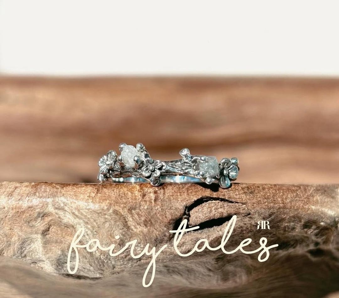 Rough Diamond Silver Ring | Wood Texture Band | Fairy Tale Engagement ...