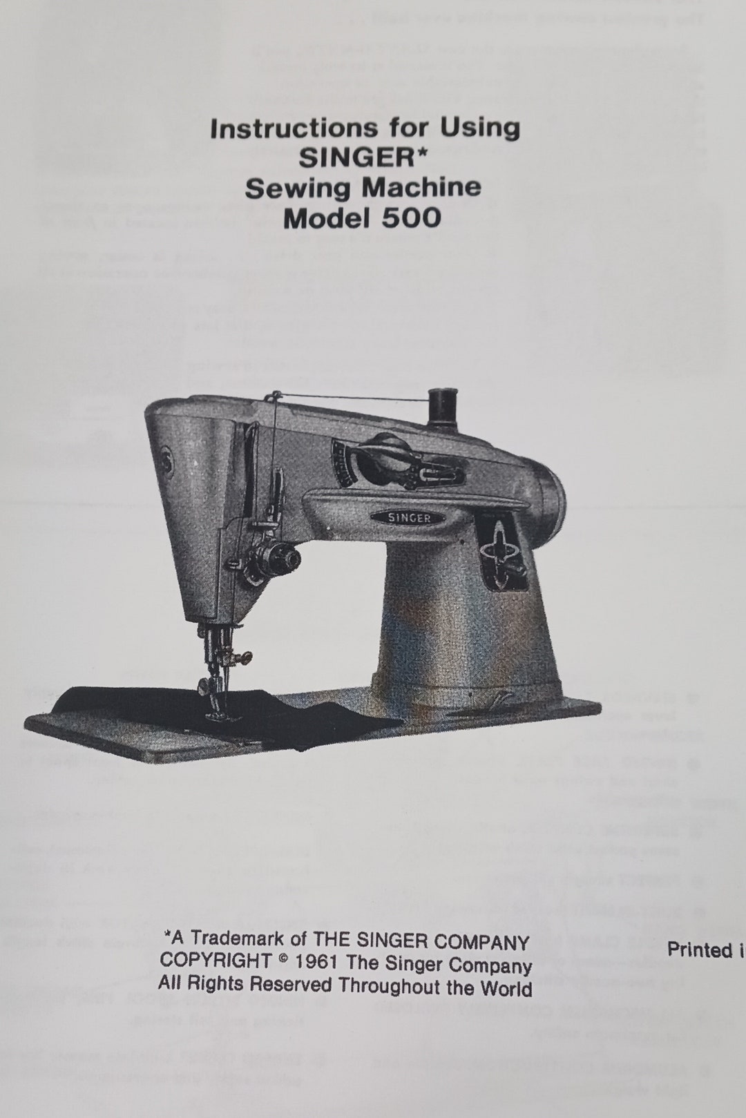 VINTAGE SINGER 500 Sewing Machine Printed Copy of the Instruction ...
