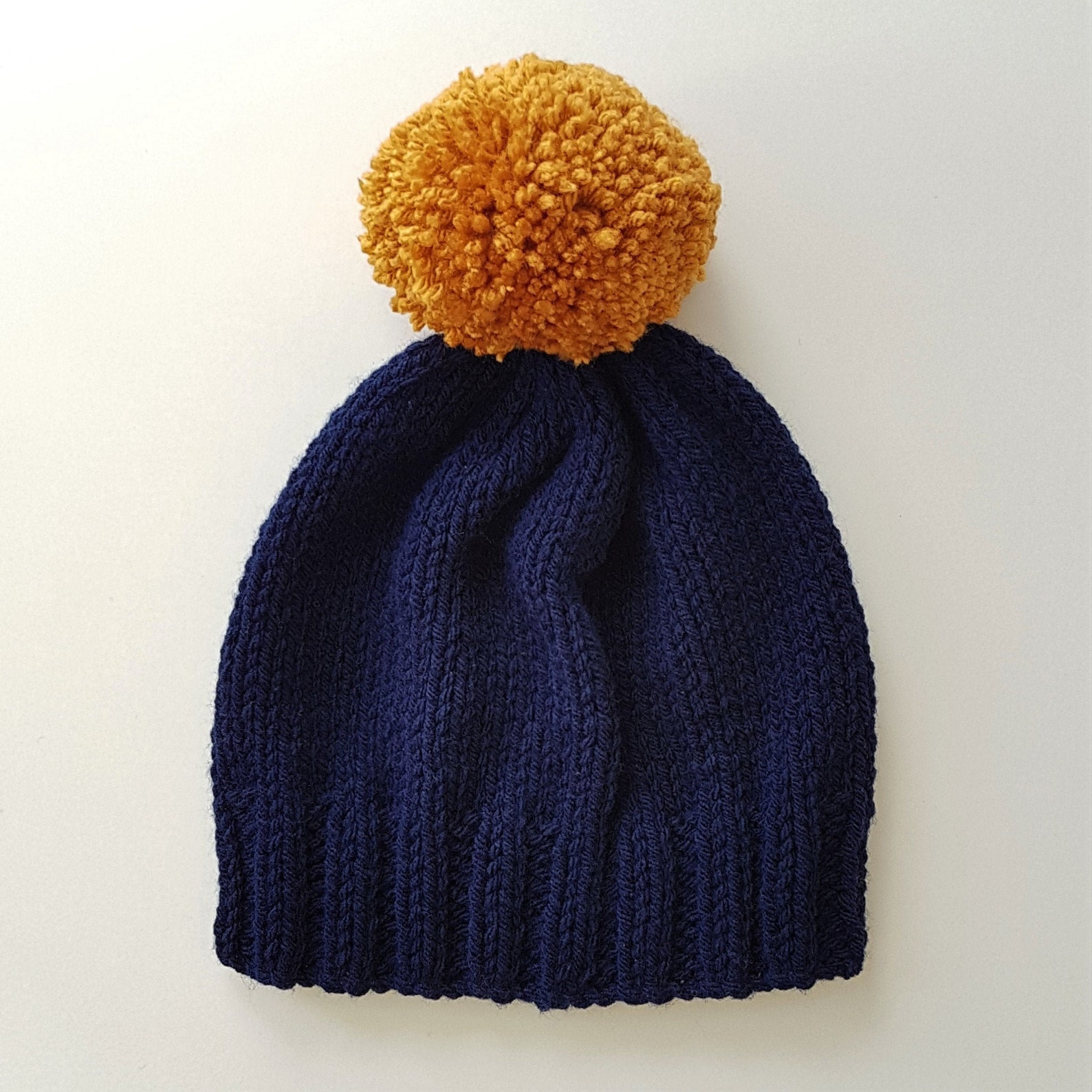 Bobble Hat in Navy Blue Chunky Yarn With Mustard Pom Pom - Etsy