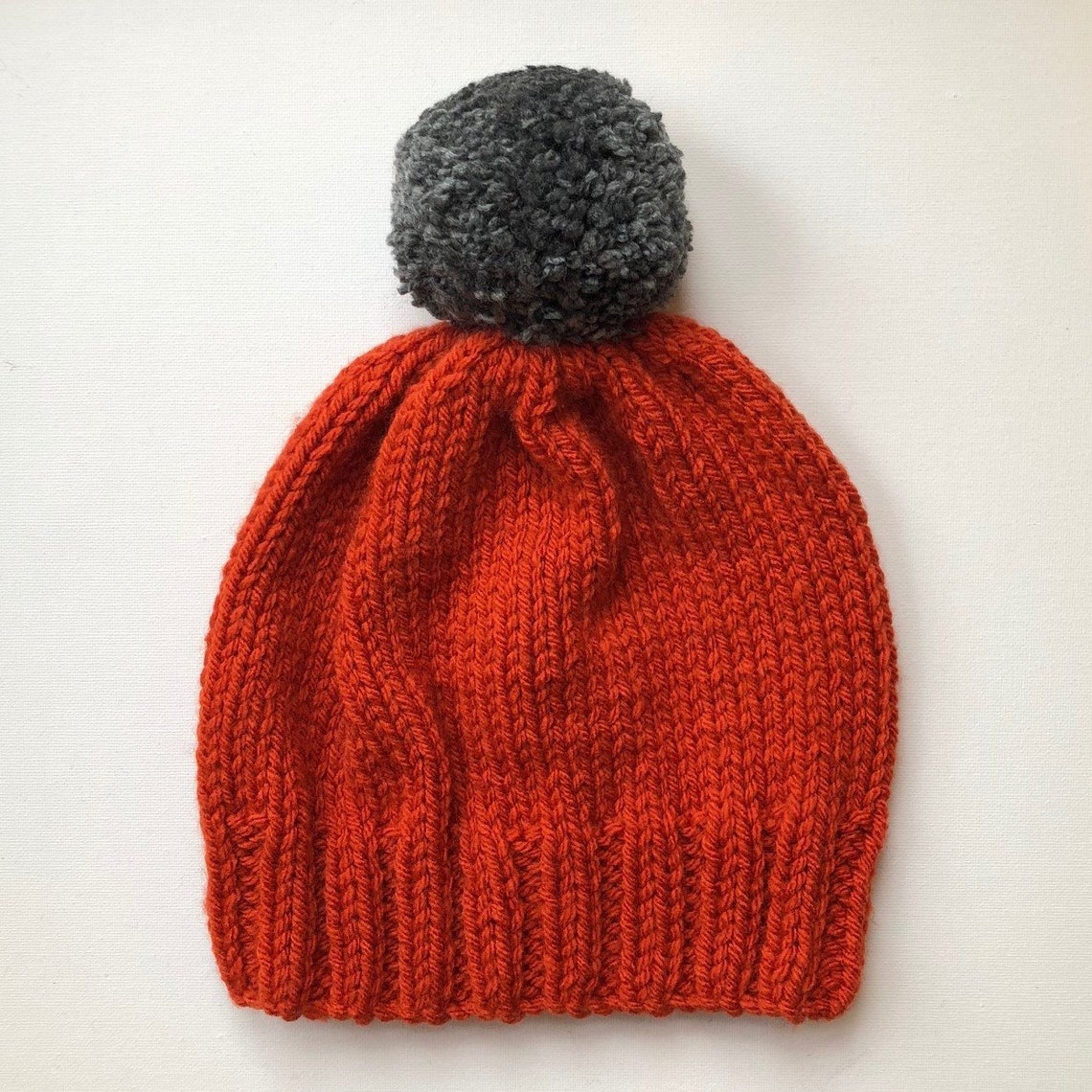 Bobble Hat in Burnt Orange Chunky Yarn With Grey Pom Pom | Etsy