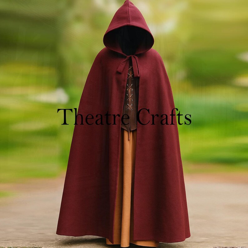 Medieval Cloak : Full Circle Viking Cosplay Hooded Maroon Wool Cloaks ...