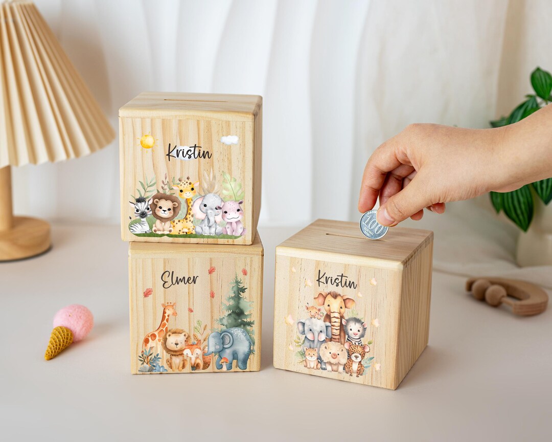 Personalized Animal Wooden Piggy Bank, Custom Name Money Box for Kid ...