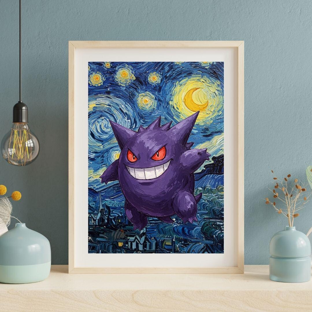 Starry Night Ghost Monster Art Print, Purple Phantom Wall Decor, Van ...