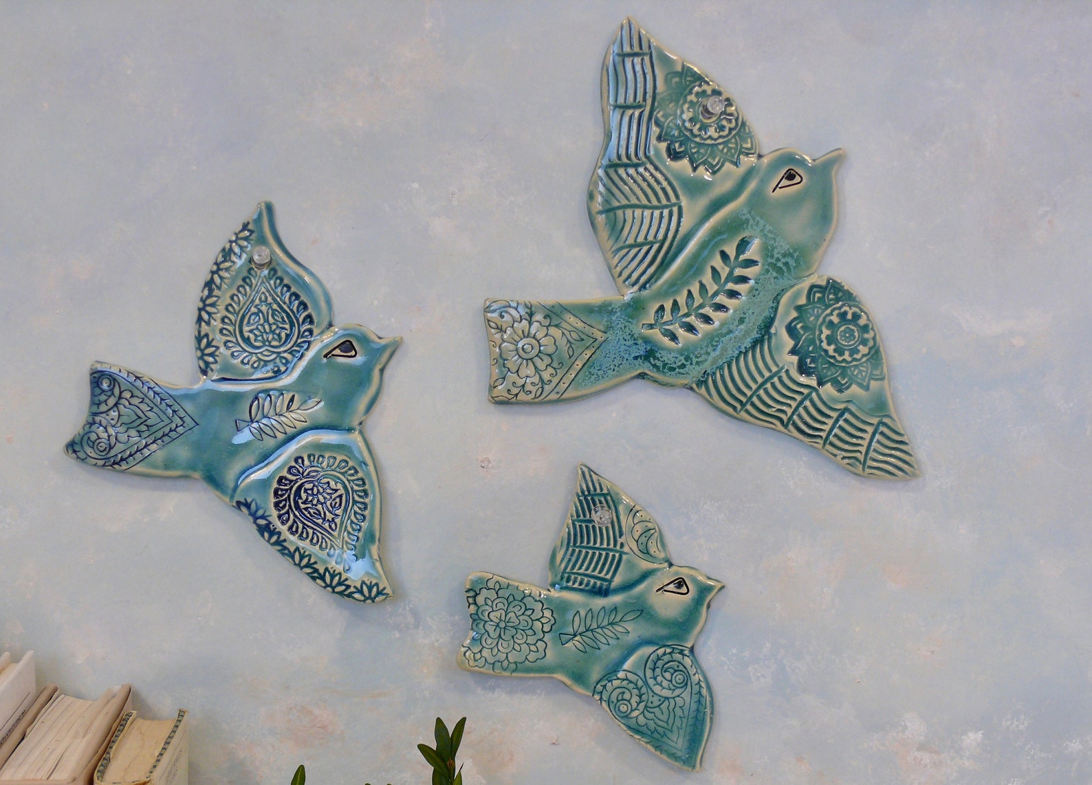 Family of Three Ceramic Wall Hanging Birds Clay Blue Bird - Etsy