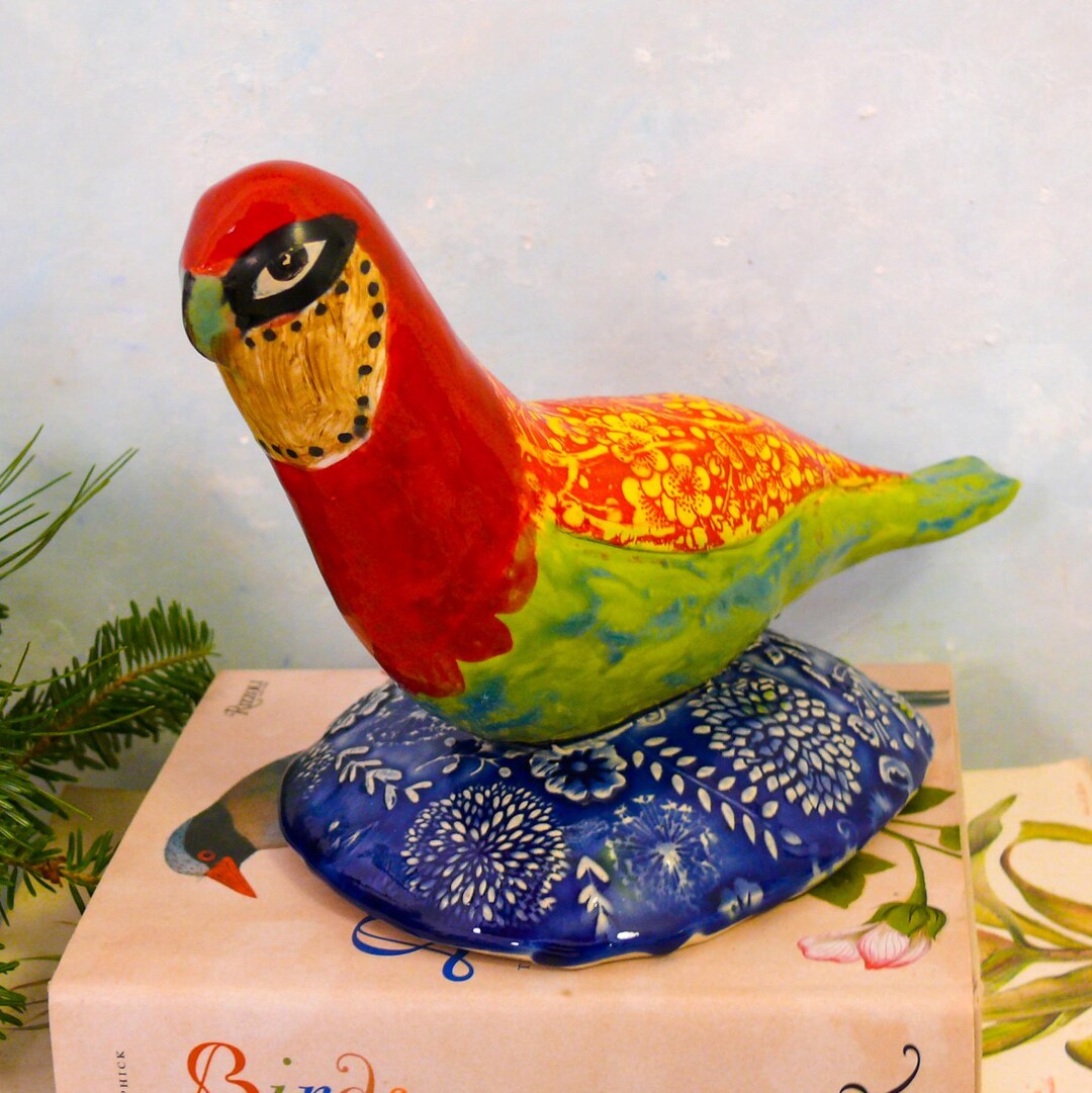 Handcrafted Ceramic Bird Sculpture, Clay Bird Figurine, Colorful Bird ...