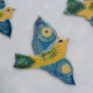 Family of Three Ceramic Wall Hanging Birds, Clay Blue Bird Wall ...