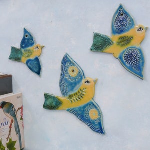 Family of Three Ceramic Wall Hanging Birds, Clay Blue Bird Wall ...