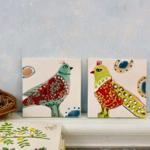 Ceramic Bird Tiles, Handmade Clay Tile Art, Birds and Eggs Painted Tile ...