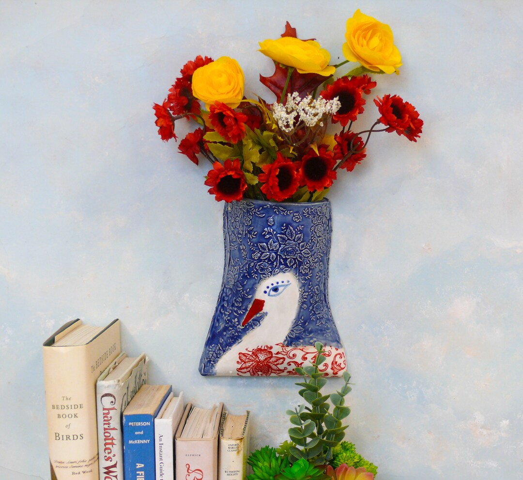Ceramic Wall Pocket Vase, Small Pottery Vase With Swan Painting ...