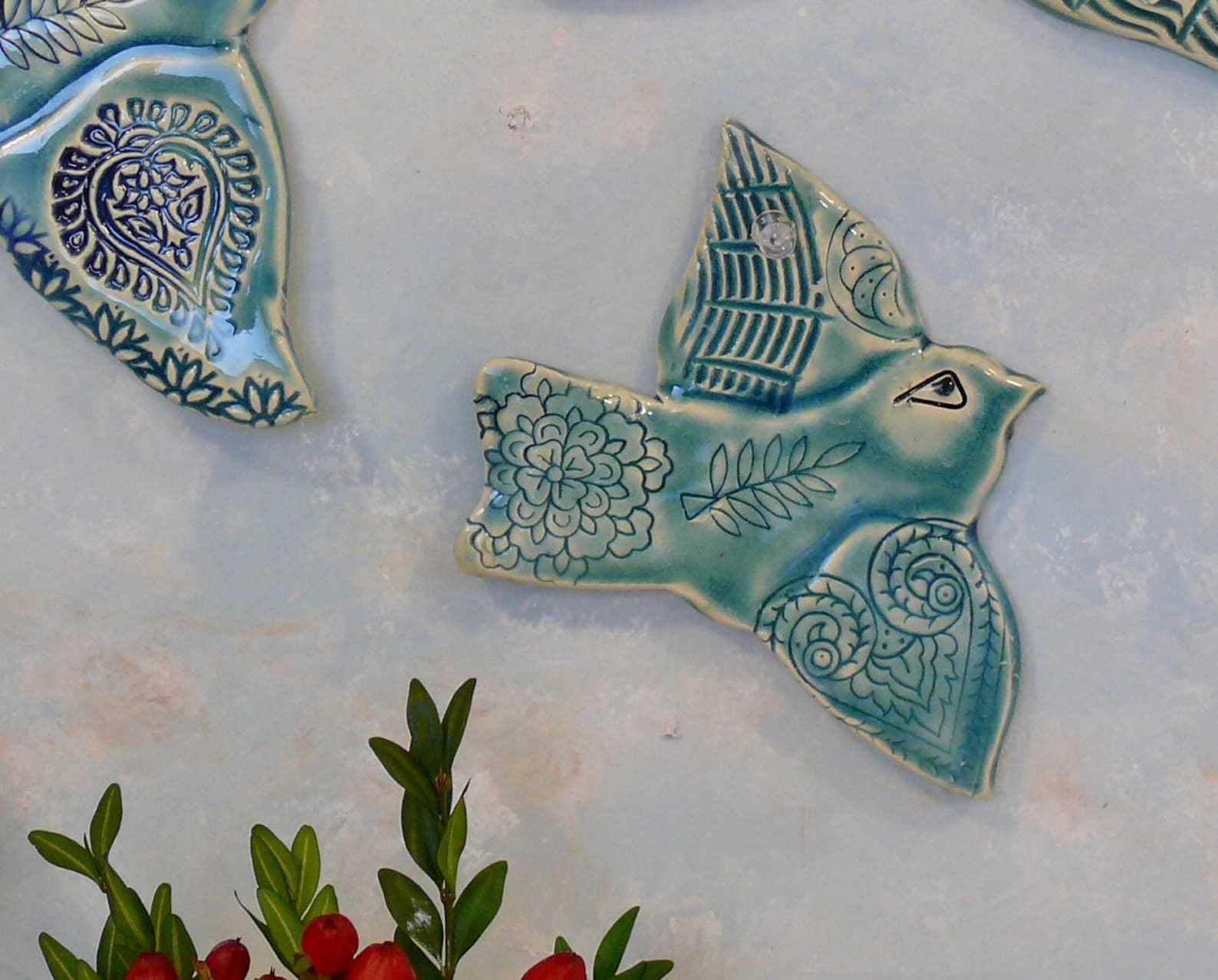 Family of Three Ceramic Wall Hanging Birds Clay Blue Bird - Etsy