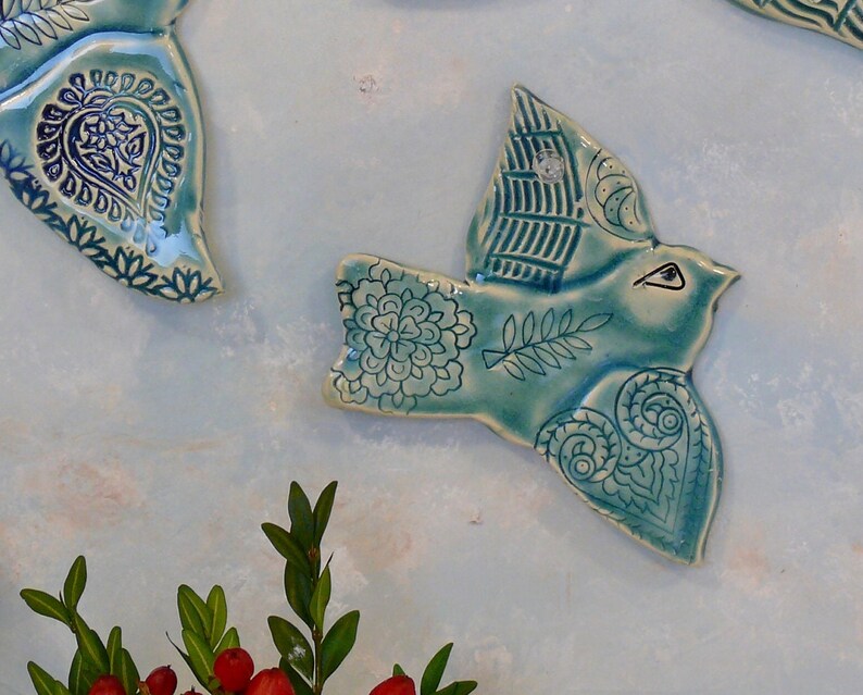 Family of Three Ceramic Wall Hanging Birds Clay Blue Bird - Etsy