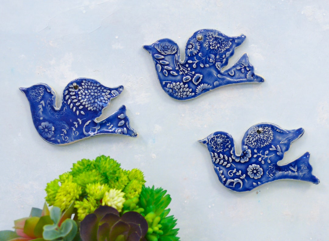 3 Ceramic Blue Birds, Bird Wall Hanging, Handmade Pottery Bird Decor ...